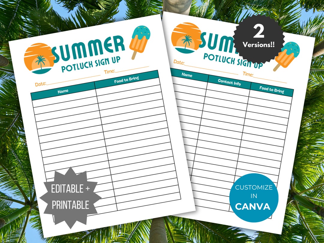 Summer Potluck Sign up Sheet Template Dinner Party Food Signup Flyer ...