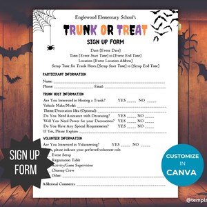 Trunk or Treat Flyer Invitation Sign up Form PTO Template Volunteer ...