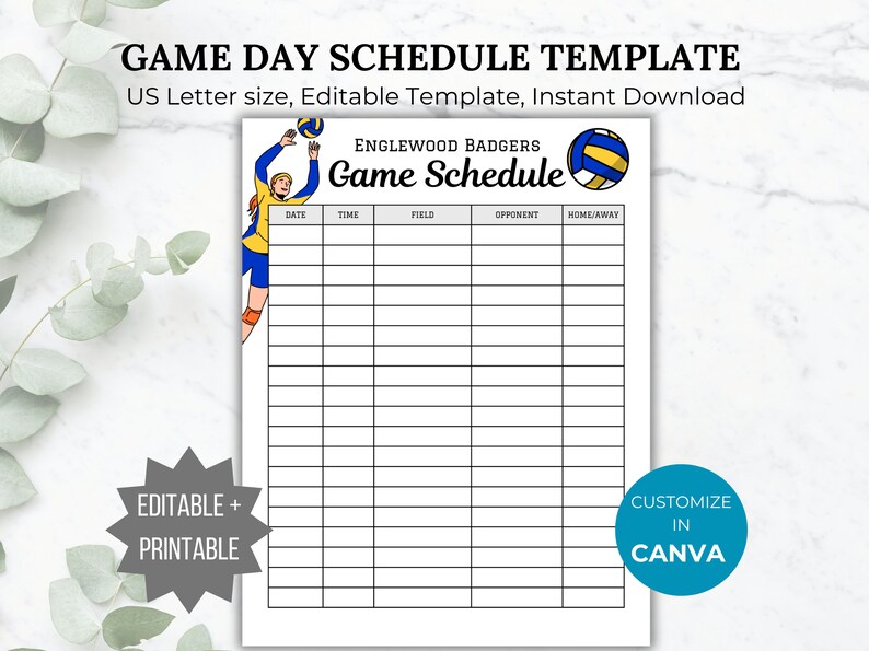 Volleyball Game Schedule Template Volleyball Sports Calendar - Etsy
