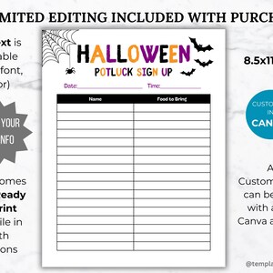 Halloween Potluck Invite Template October Potluck Sign up Sheet Fall ...