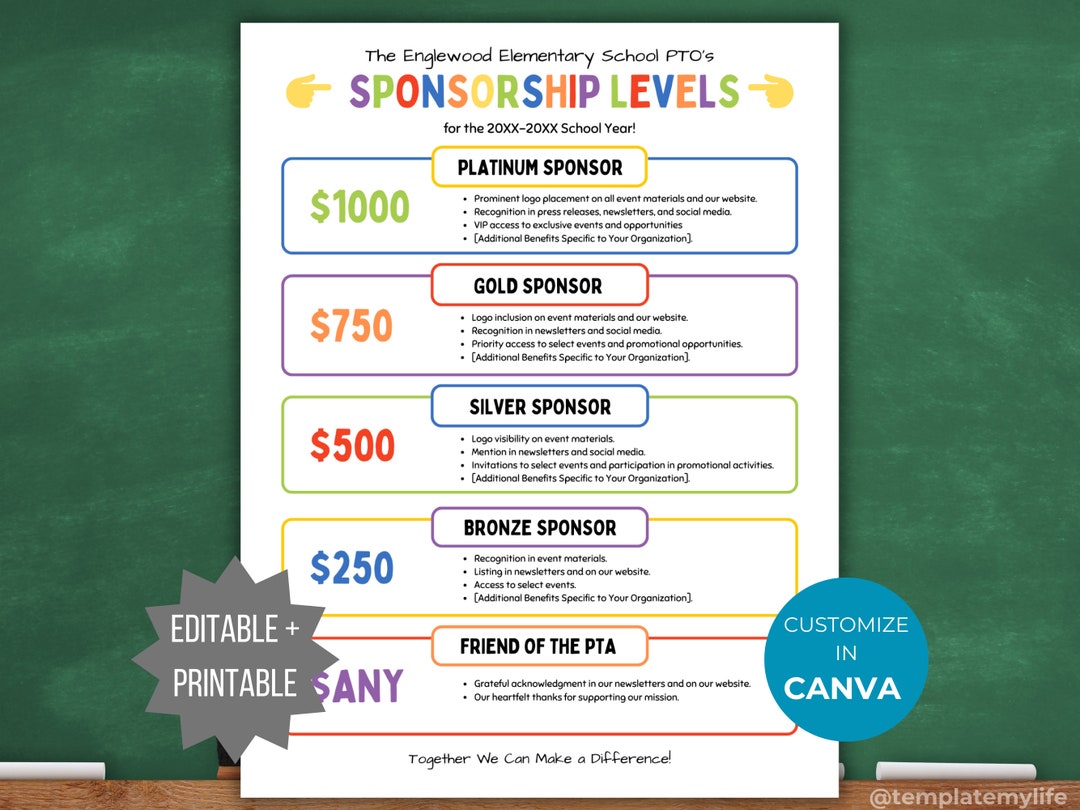 PTA Sponsorship Level Flyer Printable PTO Sponsorship Level Editable ...