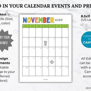 PTA PTO School Year Calendar Template 2025-2026 Portrait Monthly ...