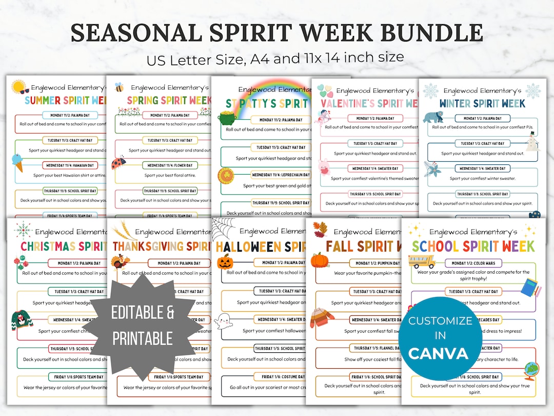 SPIRIT WEEK Flyer Editable Template Bundle Monthly School Spirit ...