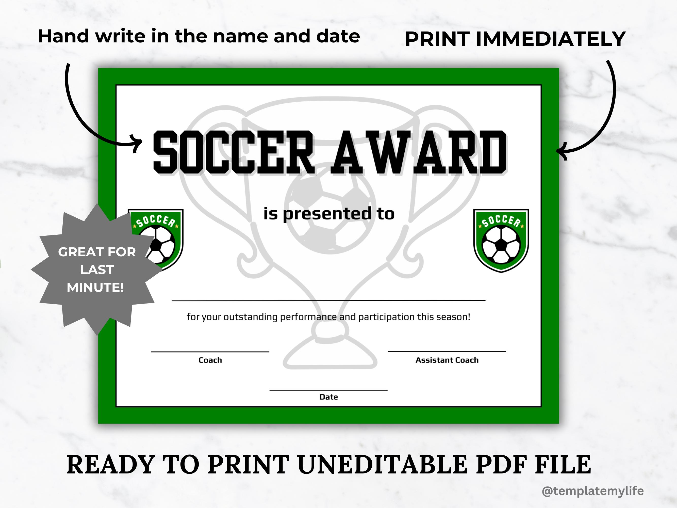 Modèle de certificat de récompense de football modifiable Modèle de ...