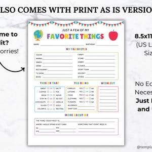 Teacher Favorites List Printable Teacher Survey Back to School Teacher ...