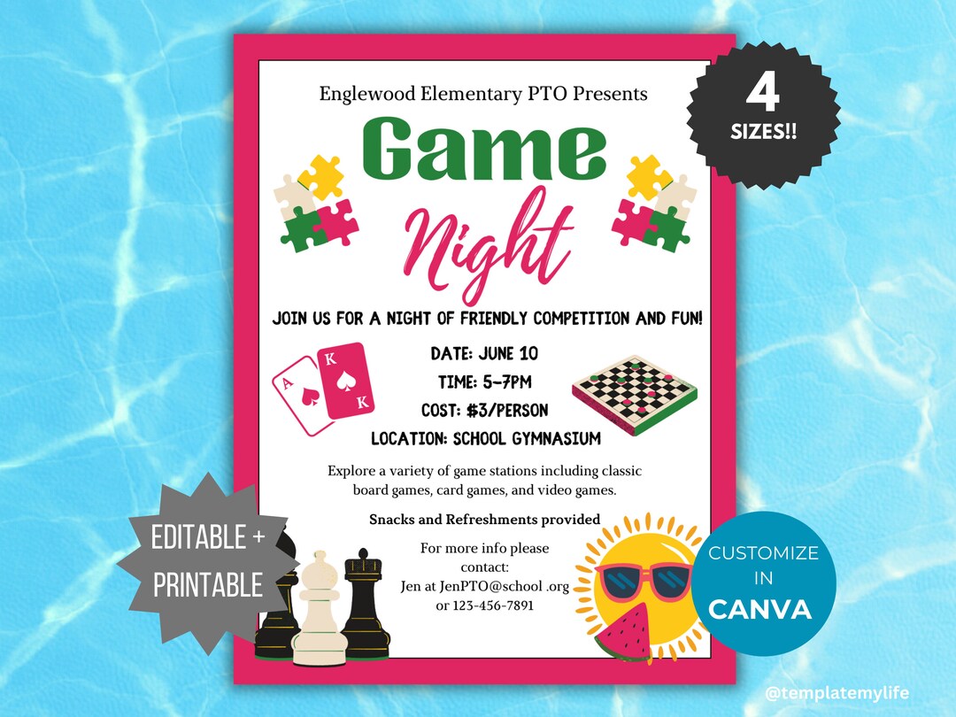 Summer Game Night Invitation PTO Template School Fundraiser PTA Flyer ...