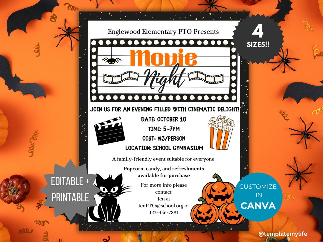 Halloween Movie Night Invitation PTO Template School Fall Fundraiser ...