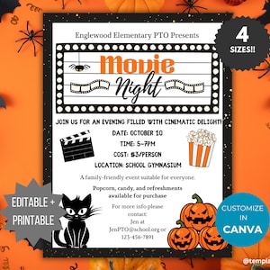 Halloween Movie Night Invitation PTO Template School Fall Fundraiser ...