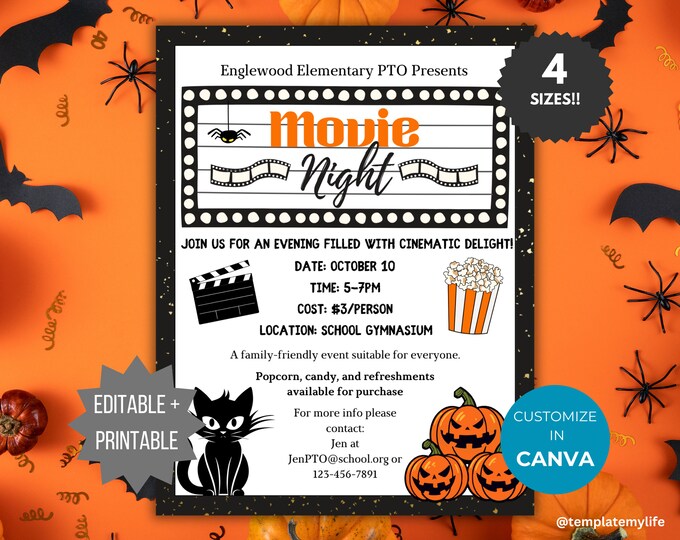 Editable Halloween Movie Night Flyer: School Fundraiser Event (digital ...