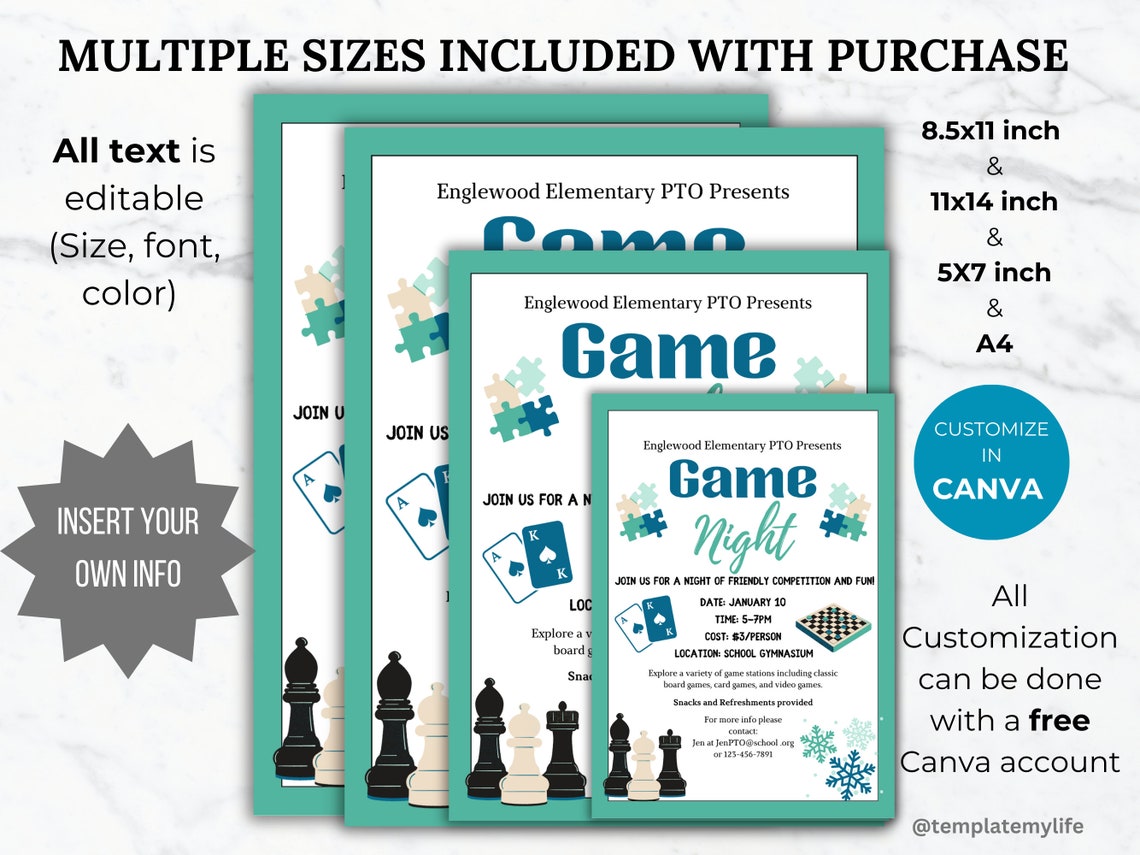 Winter Game Night Invitation PTO Template School Fundraiser PTA Flyer ...