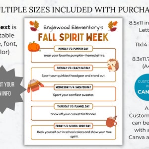 PTA Fall Spirit Week Flyer Printable PTO School Spirit Flyer Editable ...