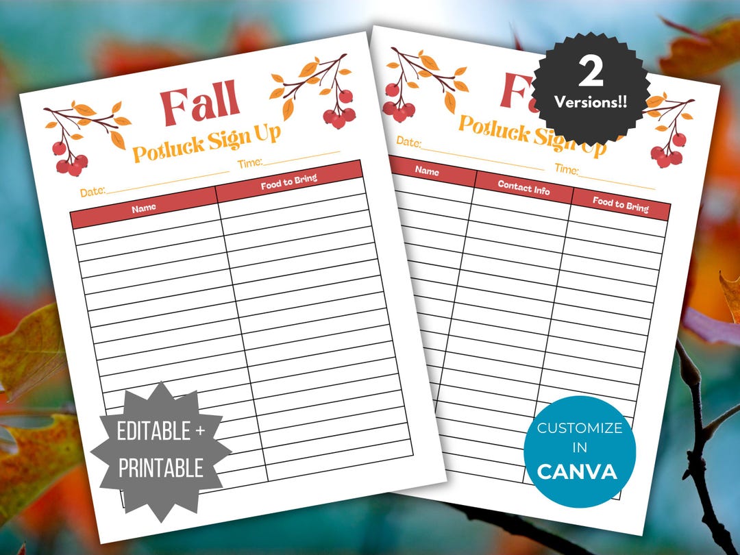 Fall Potluck Sign up Sheet Template Dinner Party Food Signup Flyer ...