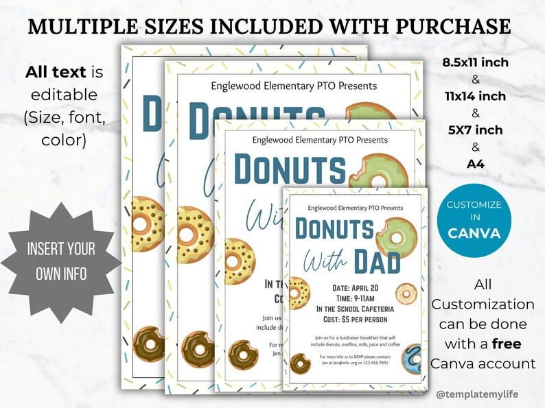 Editable Donuts With Dad Flyer PTA School Event Fundraiser Fathers Day ...