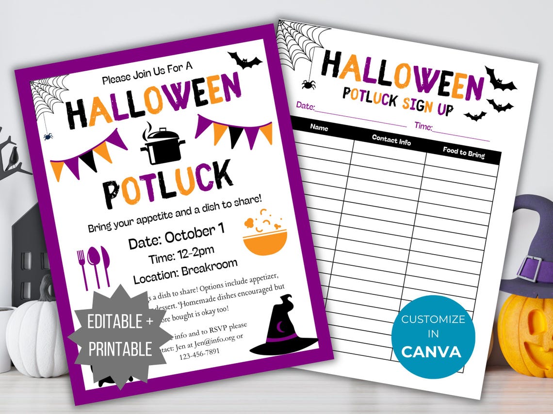 Halloween Potluck Invite Template October Potluck Sign up Sheet Fall ...