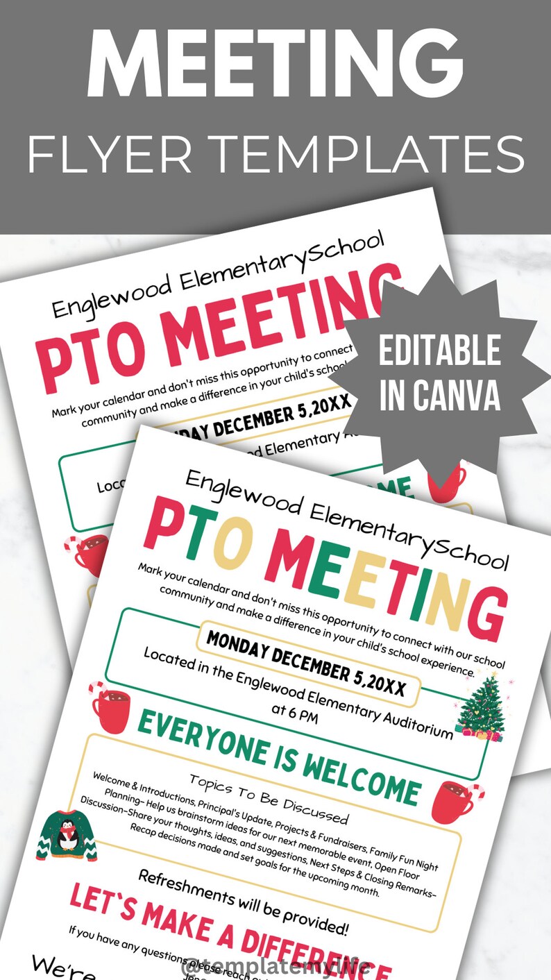 Christmas PTA Meeting Flyer Printable PTO Winter Meeting Flyer Editable ...