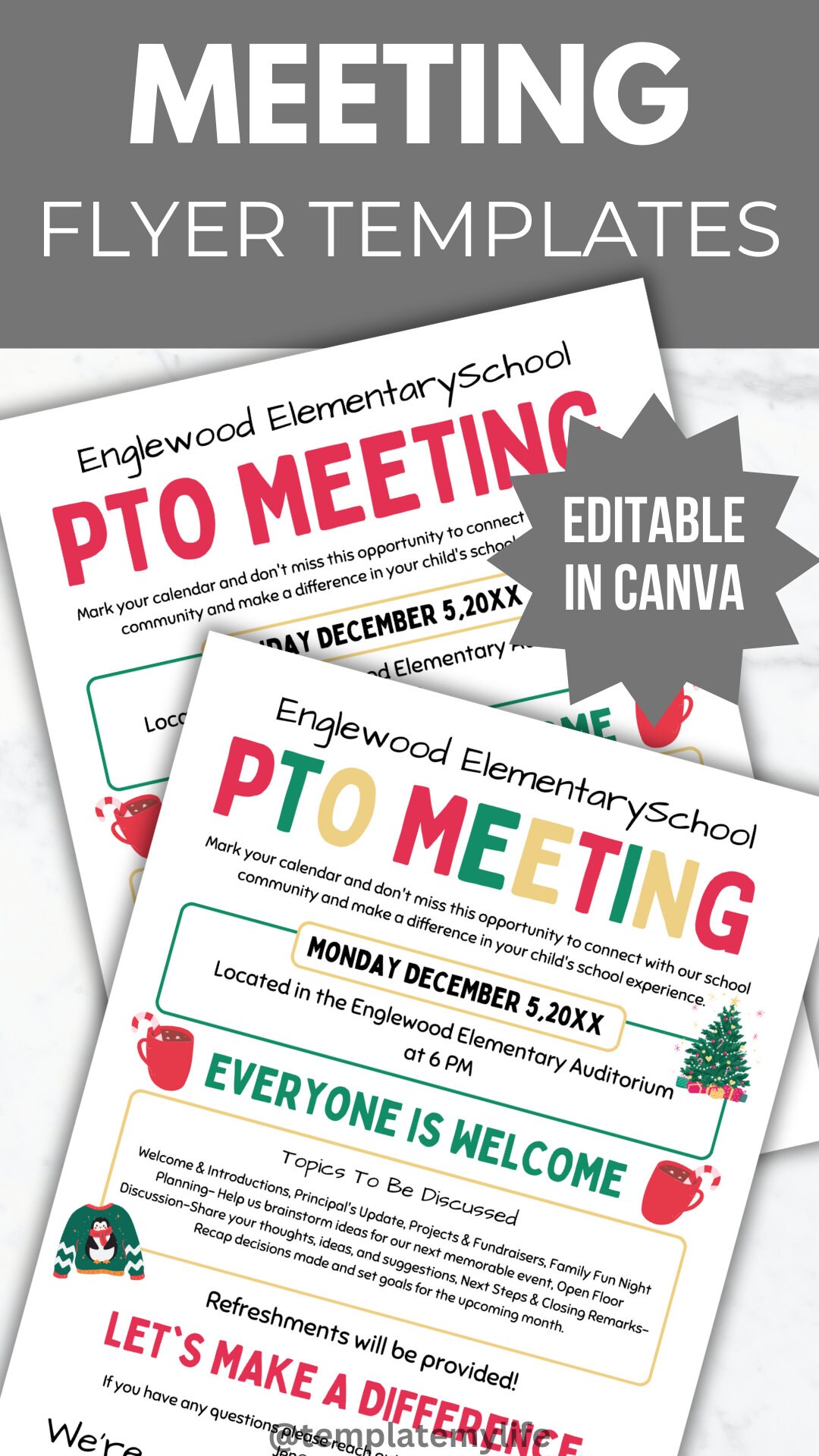 Christmas PTA Meeting Flyer Printable PTO Winter Meeting Flyer Editable ...