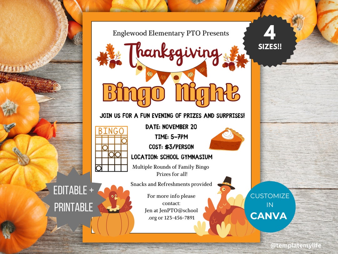 Thanksgiving Bingo Night Flyer PTO Template School Fundraiser Flyer ...