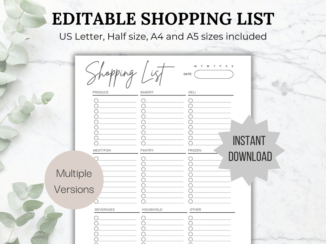 Editable Grocery List Printable Shopping List Printable - Etsy UK