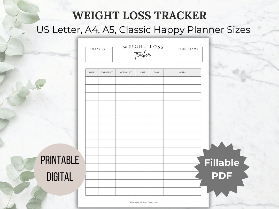 Weight Loss Tracker Chart Printable Fitness Planner Editable Weight ...