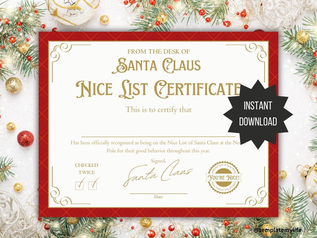 Santa Nice List Certificate Printable Letter From Santa Gift Kids ...