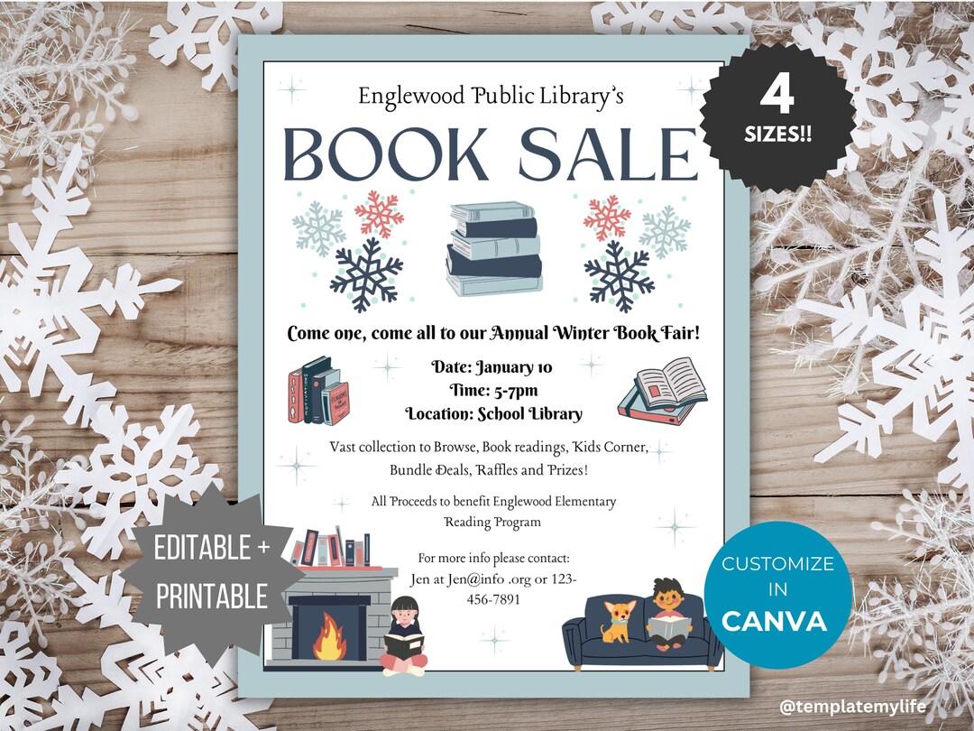 Winter Book Sale Flyer Template Library Book Sale Editable Winter Book ...