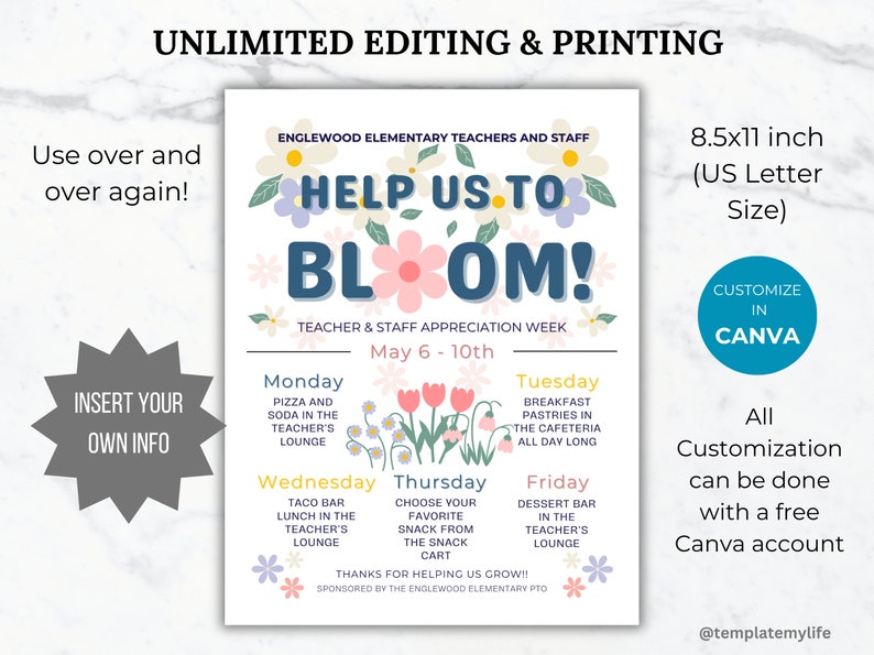 Floral Teacher and Staff Appreciation Week Template PTO Help Us Bloom ...