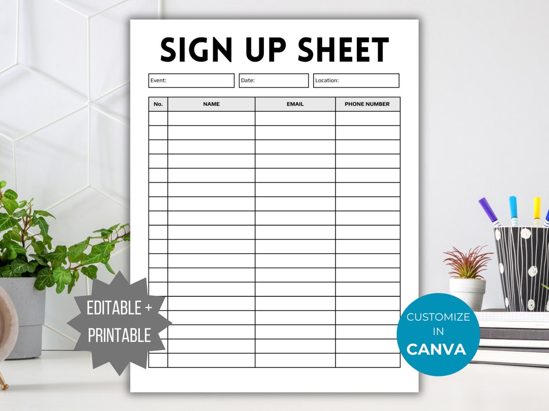 Editable Sign up Sheet Business Sign up Form Volunteer Sign up Template ...