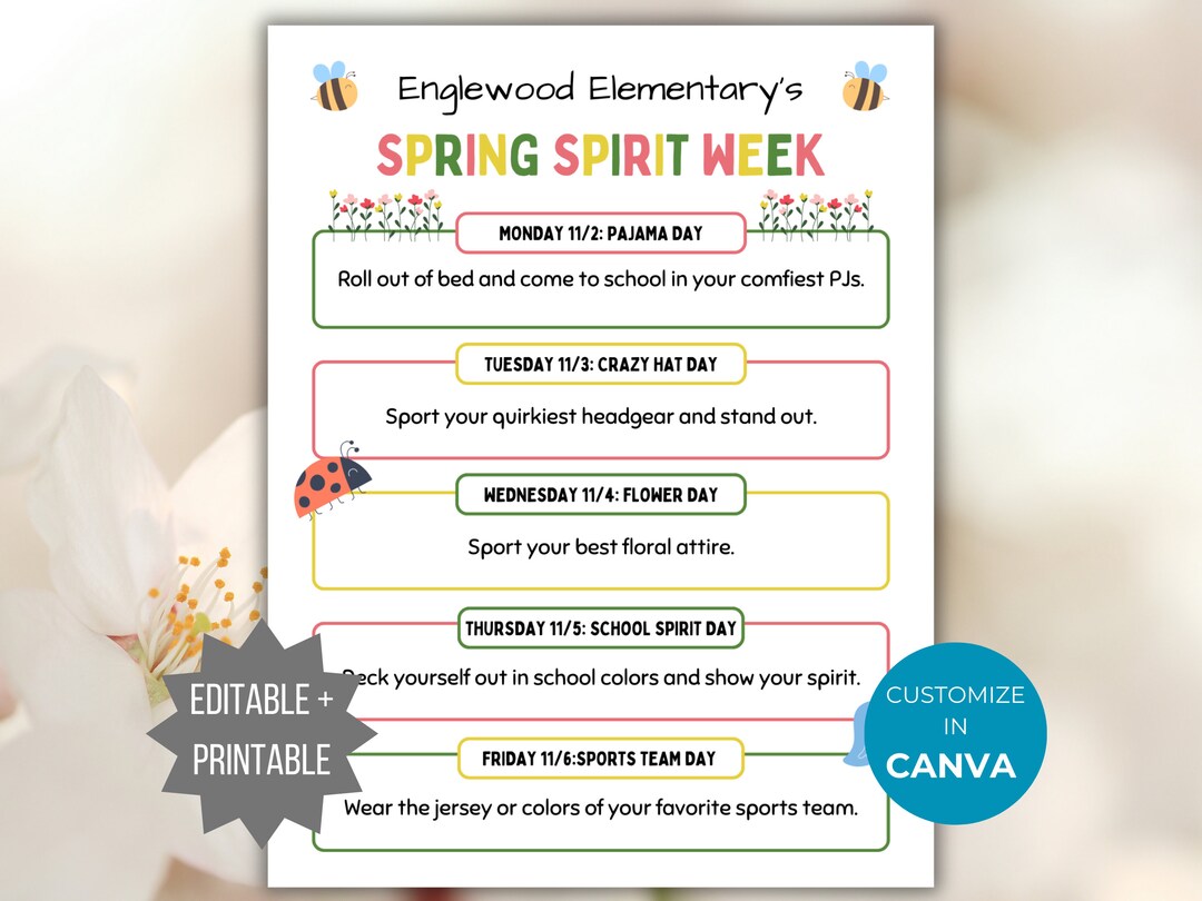 Spring Spirit Week Flyer Printable School Spirit Flyer Editable Pto ...