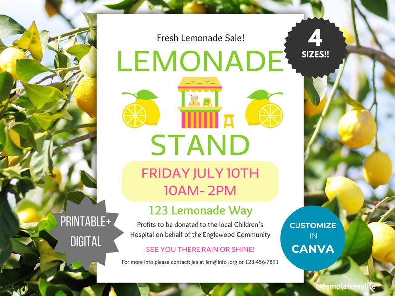Lemonade Sale Flyer Template Summer Fundraiser Flyer Printable Lemonade ...