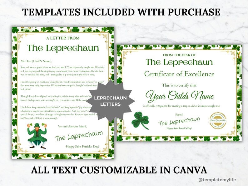 Customizable St Patricks Day Letter Leprechaun Trap Certificate ...