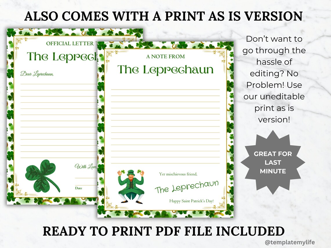 St Patricks Day Leprechaun Letter Bundle Leprechaun Trap Printable ...