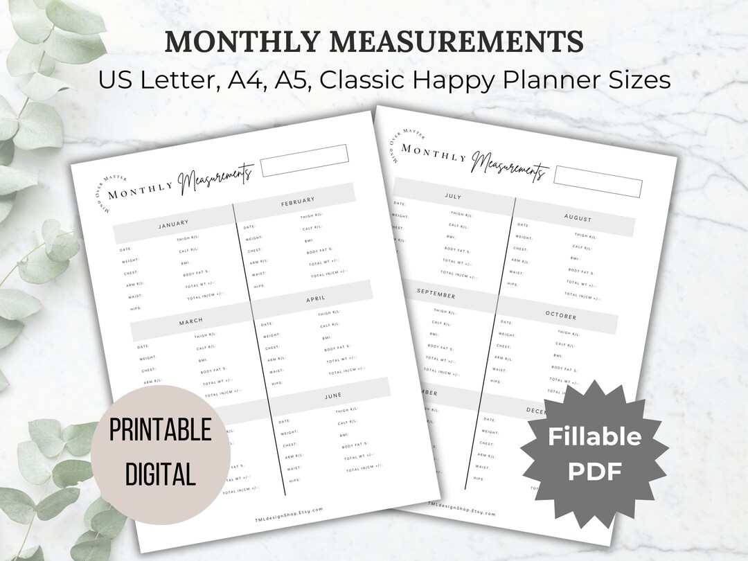 Monthly Body Measurement Tracker Printable Editable Weight Tracker ...