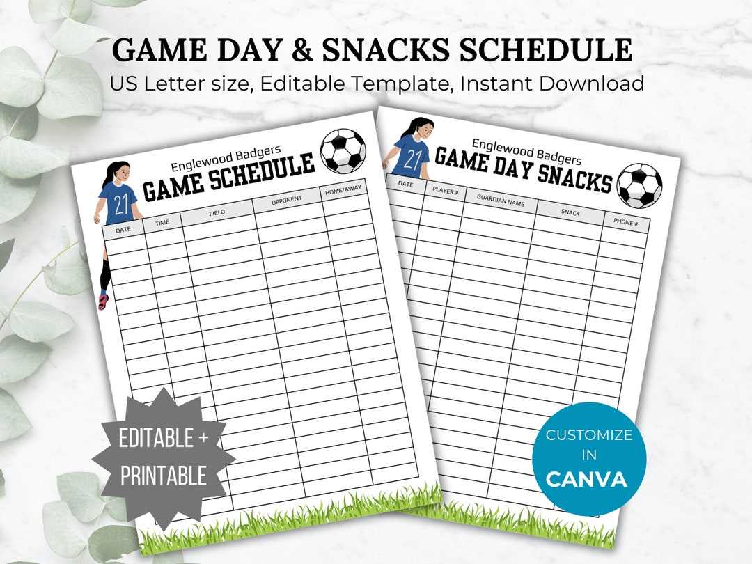 Soccer Game Schedule Template and Soccer Snack Sign up Bundle Team Mom ...