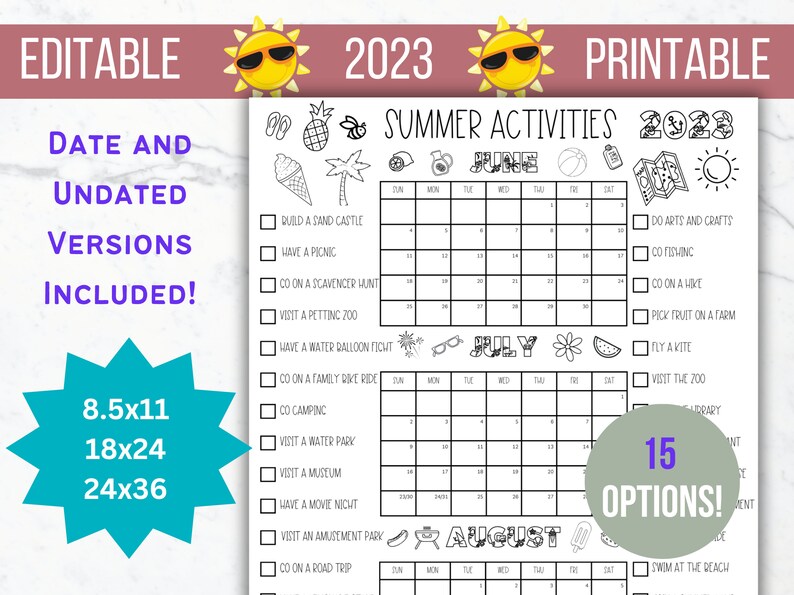 Printable Summer Activities Coloring Poster 2023 Family - Etsy