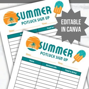 Summer Potluck Sign up Sheet Template Dinner Party Food Signup Flyer ...