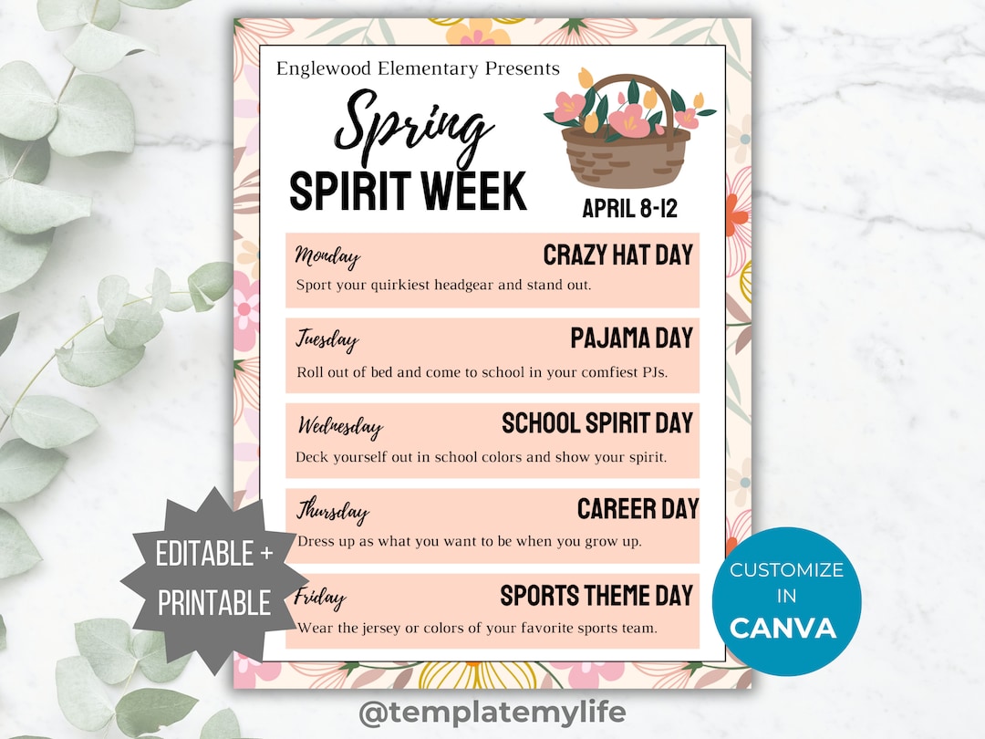 Spring Spirit Week Flyer Printable Office Spirit Week Template Easter ...