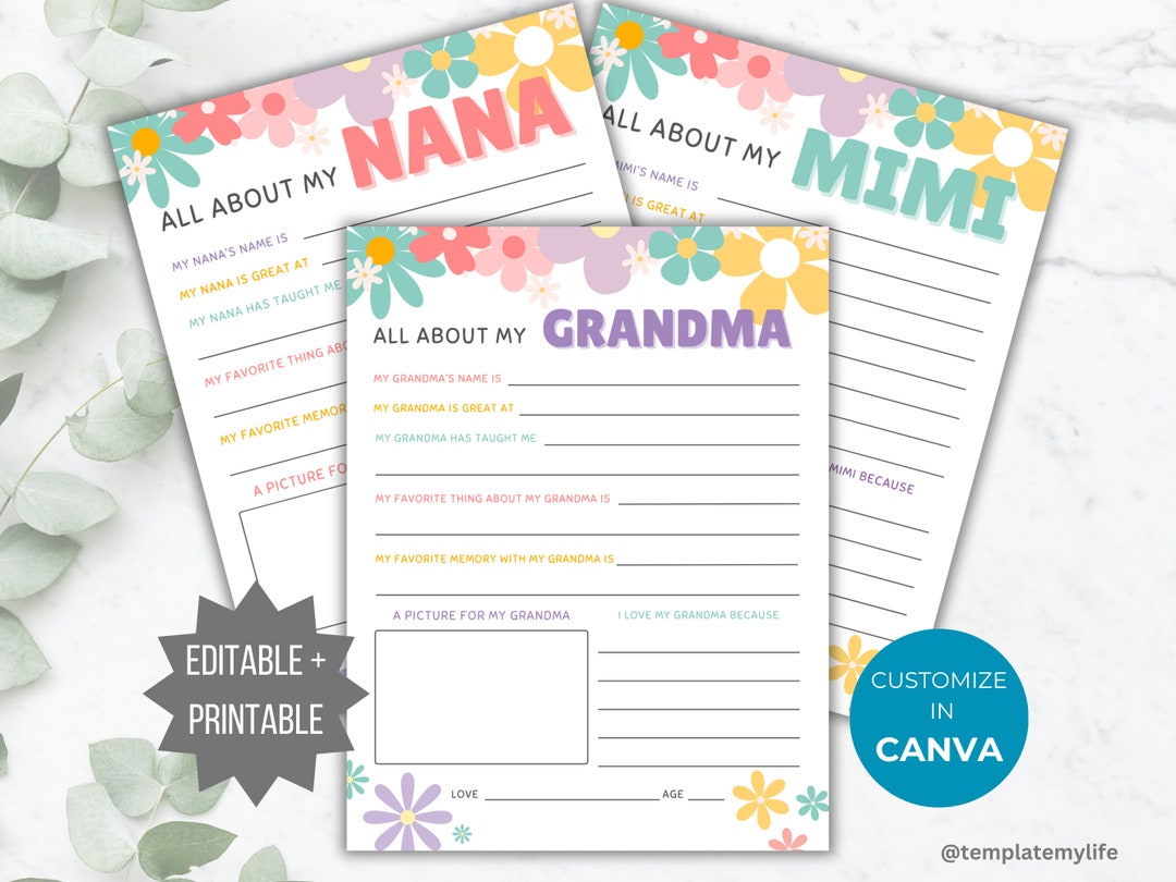 All About My Grandma Printable Mothers Day Gift Idea Mimi Thank You ...