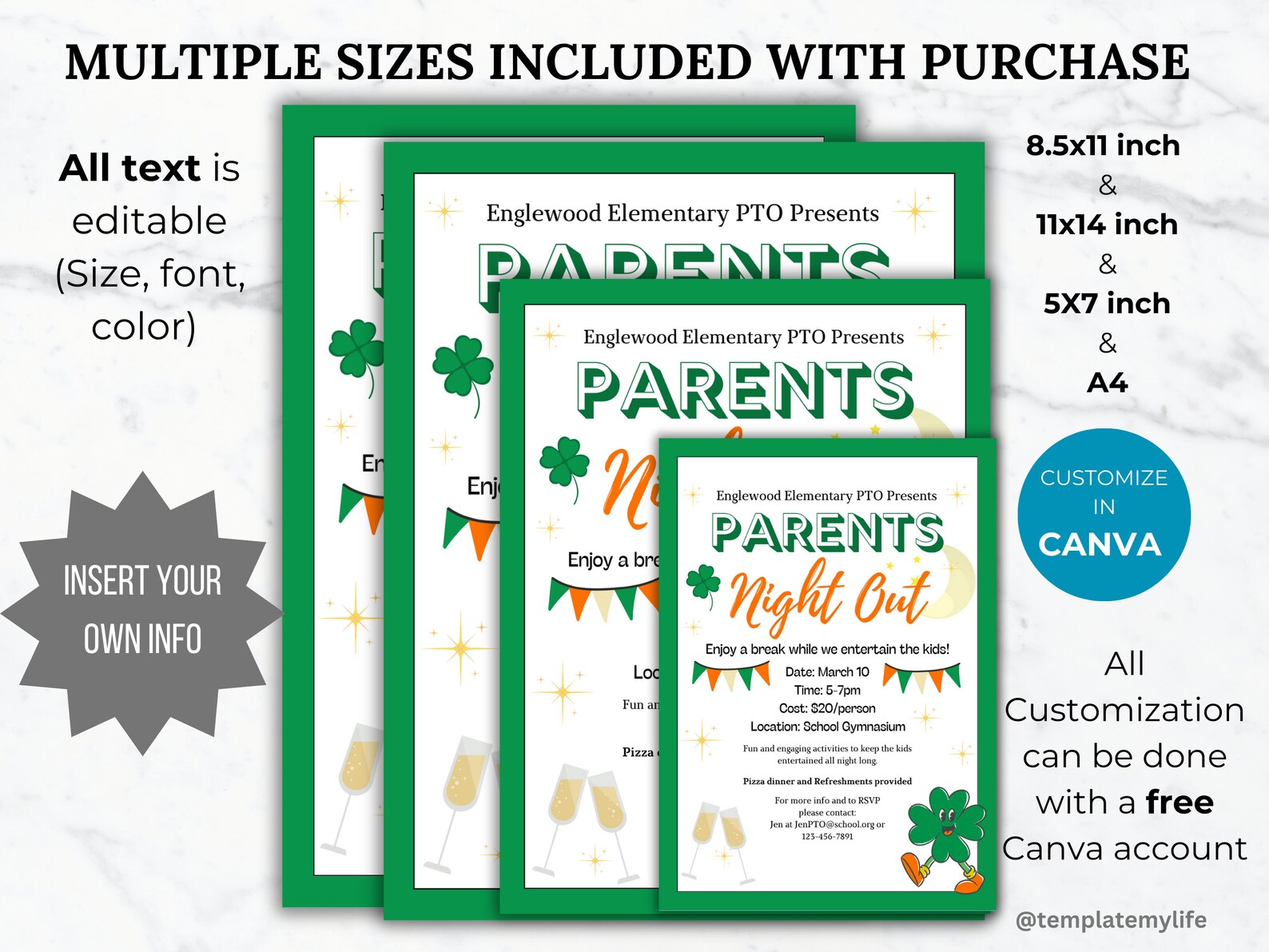 St Patricks Day Parents Night Out Flyer Template PTO School Fundraiser ...