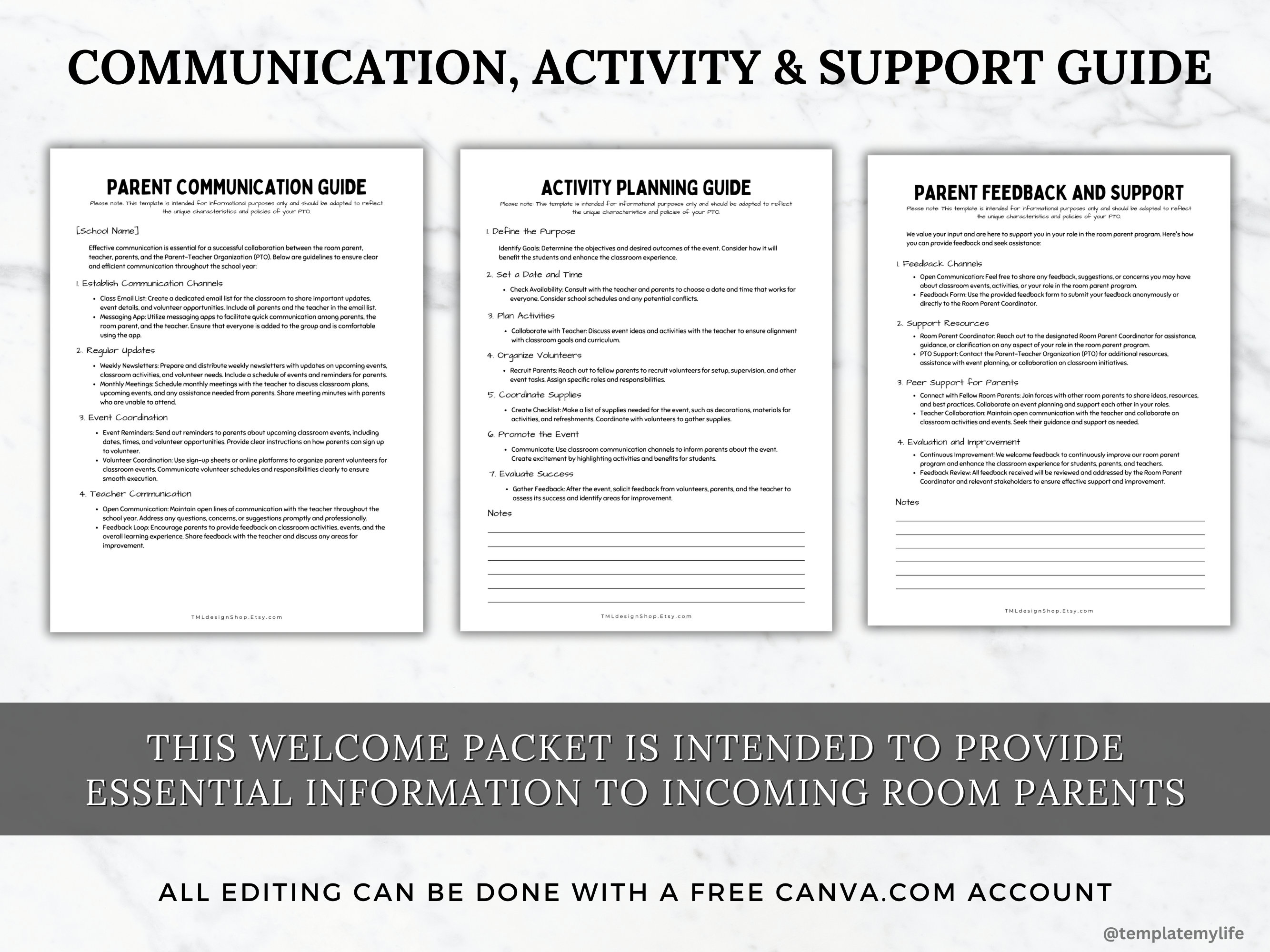 PTA Room Parent Welcome Packet PTO Class Parent Volunteer Info Binder ...