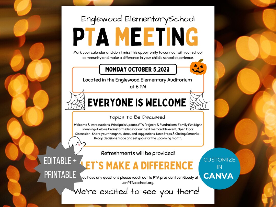 Halloween PTA Meeting Flyer Printable PTO Fall Meeting Flyer Editable ...
