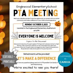 Halloween PTA Meeting Flyer Printable PTO Fall Meeting Flyer Editable ...