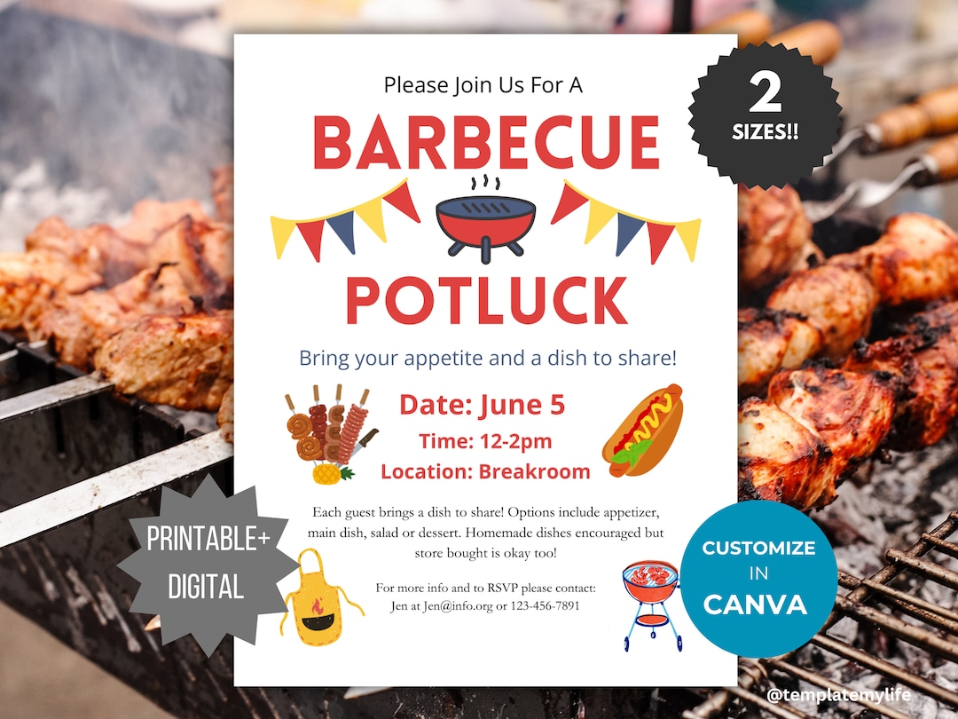 BBQ Potluck Flyer Template Summer Barbecue Potluck Invitation Flyer ...