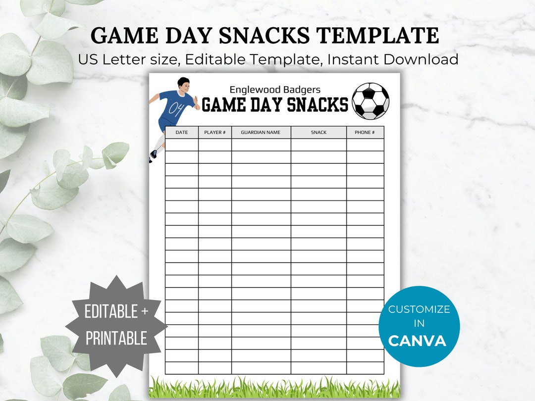Soccer Game Snacks Schedule Template Soccer Snack Sign up Sheet Game ...