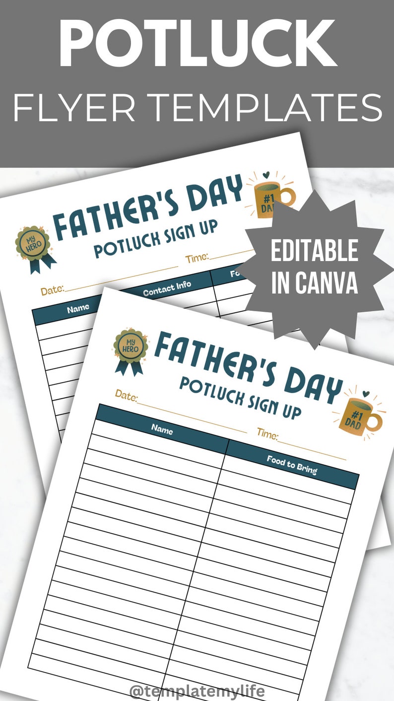 Editable Fathers Day Potluck Sign up Sheet Template Dinner Party Food ...