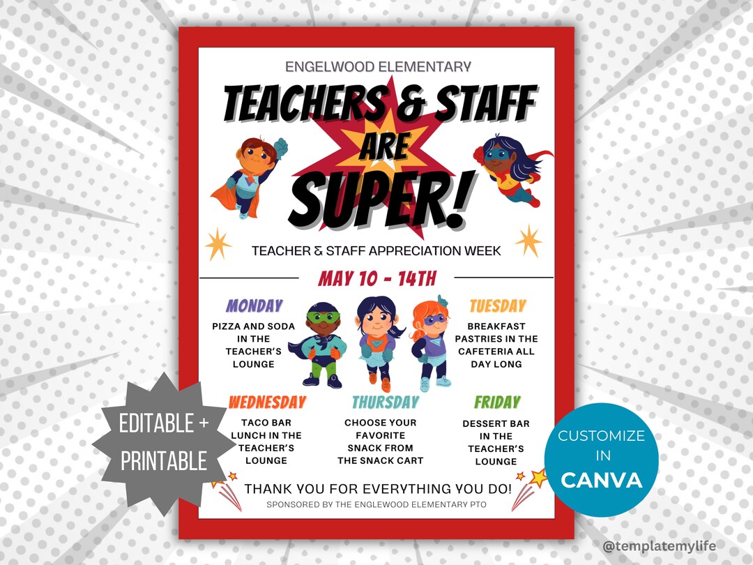 Super Teacher Appreciation Week Itinerary Template Staff Appreciation ...