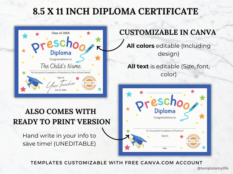 Preschool Diploma Editable Graduation Certificate Template Elementary ...