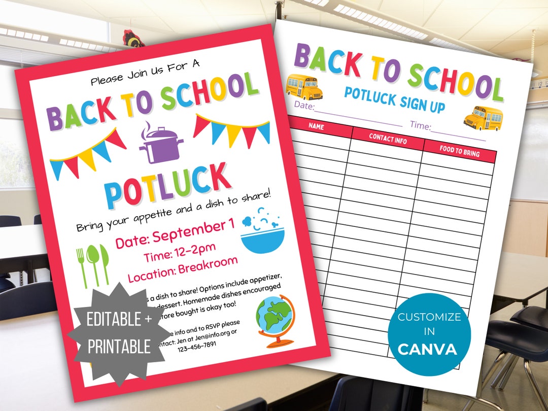 Back to School Potluck Flyer Template Potluck Sign up Sheet ...