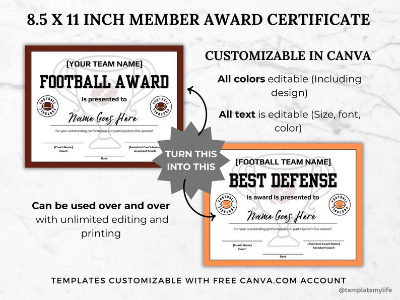Editable Football Award Certificate Template Player Participation Gift ...