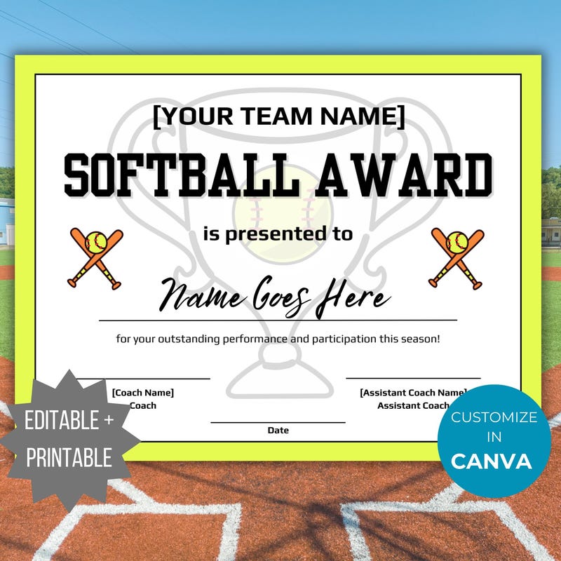 Softball Award Template - Etsy