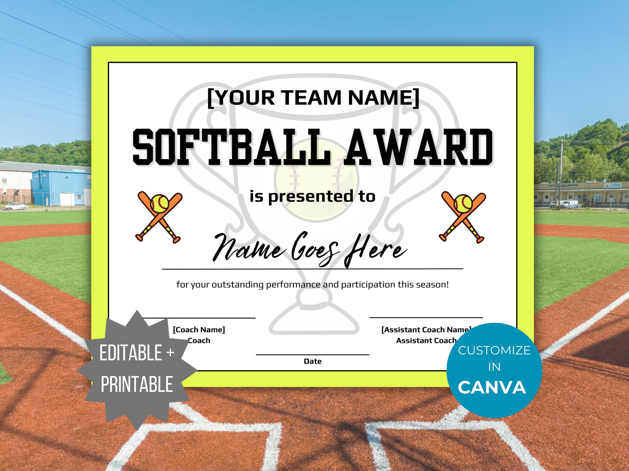 Modèle de certificat de récompense de softball modifiable Modèle de ...